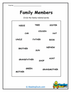 Family Members Vocabulary Words Worksheets | Reading Duck.com