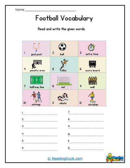 Soccer Vocabulary Word Worksheets | Reading Duck.com
