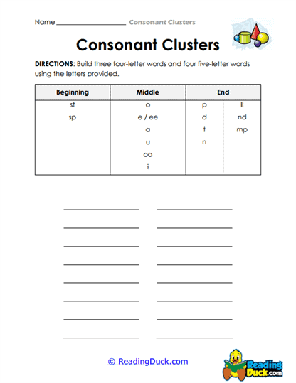 Consonant Cluster Worksheets | Phonics Skills | Reading Duck.com