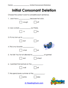 Initial Consonant Deletion Worksheets | Reading Duck.com