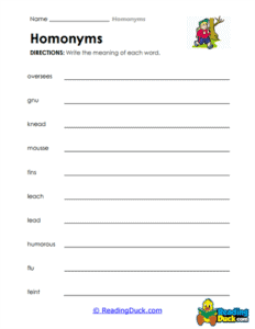 Homonym Worksheets | Language Arts | Reading Duck.com
