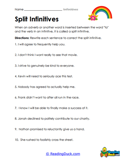 Infinitive Worksheets | Grammar Skills | Reading Duck.com