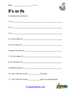 Its or It's Worksheets | Grammar Skills | Reading Duck.com