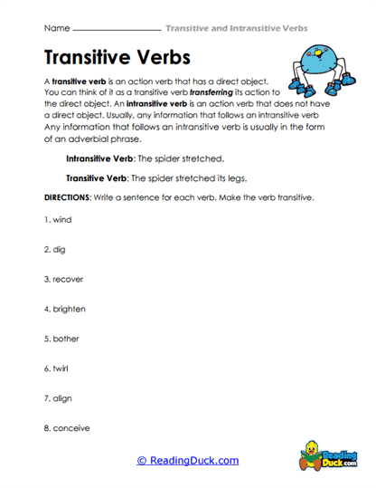 Transitive and Intransitive Verb Worksheets | Reading Duck.com