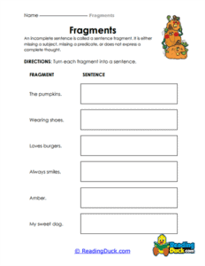 Sentence Fragment Worksheets | Writing Series | Reading Duck.com