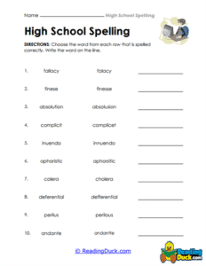 High School Spelling Worksheets