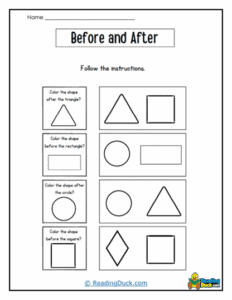 Before or After Worksheets | Position Words | Reading Duck.com