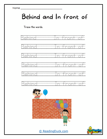 In Front of or Behind Worksheets | Position Words | Reading Duck.com