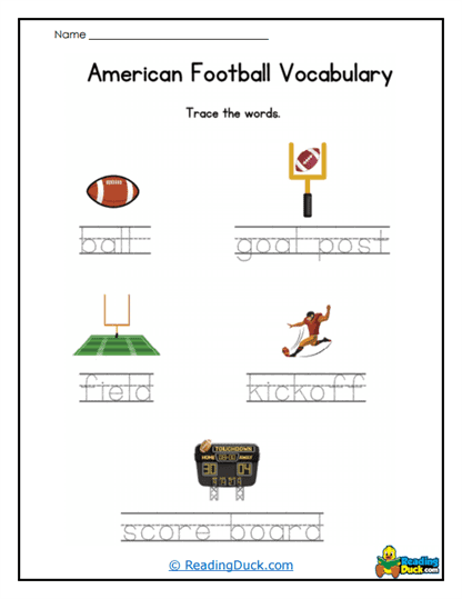 American Football Vocabulary Word Worksheets | Reading Duck.com