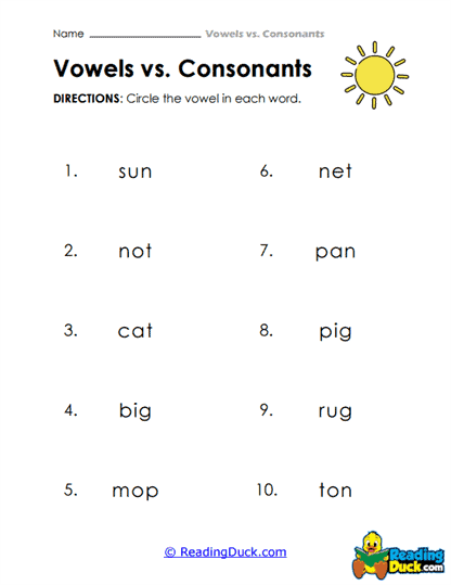 Vowels vs. Consonants Worksheets | Phonics Skills | Reading Duck.com