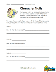Character Trait Worksheets | Reading | Reading Duck.com