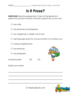 Comparing Poems, Plays, and Prose Worksheets | Reading Duck.com
