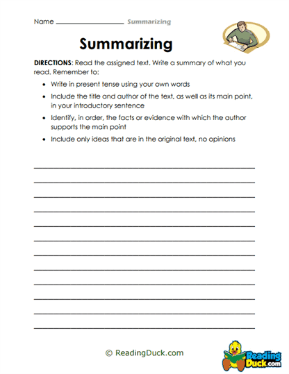 Summarizing Worksheets | Reading Skills | Reading Duck.com