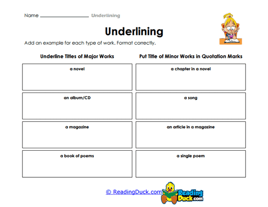 Underlining Worksheets | Punctuation Series | Reading Duck.com