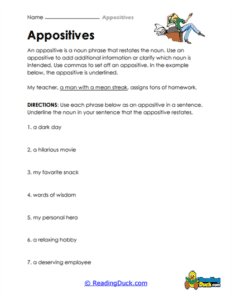 Appositives Worksheets | Grammar Skills | Reading Duck.com