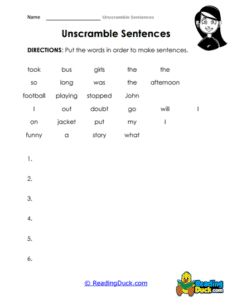 Unscramble Sentences Worksheets | Writing Series | Reading Duck.com