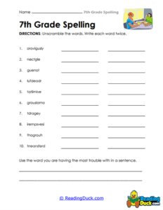7th Grade Spelling Worksheets | Reading Duck.com