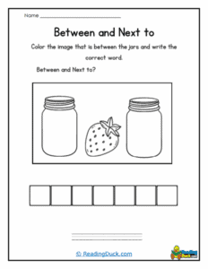 Between and Next To Worksheets | Position Words | Reading Duck.com