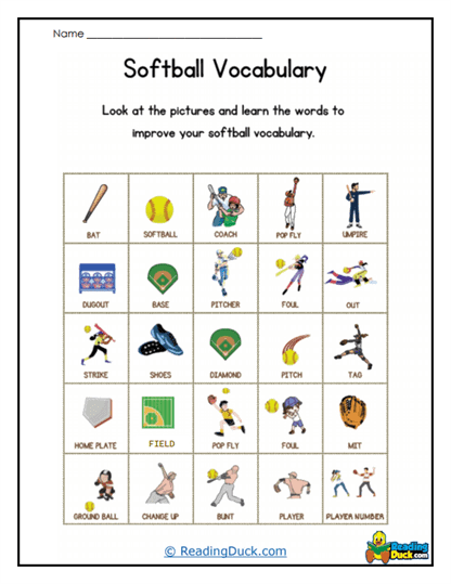 Softball Vocabulary Word Worksheets | Reading Duck.com