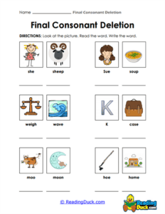 Final Consonant Deletion Worksheets | Reading Duck.com