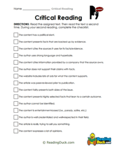 Critical Reading Worksheets | Phonics Skills | Reading Duck.com