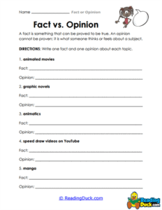 Fact or Opinion Worksheets | Reading Skills | Reading Duck.com