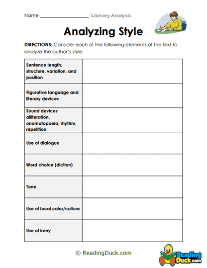 Literary Analysis Worksheets | Reading Skills | Reading Duck.com