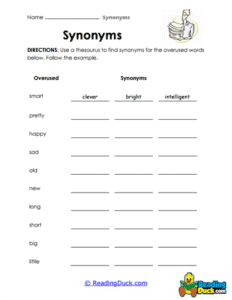 Synonym Worksheets | Language Arts Skills | Reading Duck.com