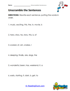 Unscramble Sentences Worksheets | Writing Series | Reading Duck.com