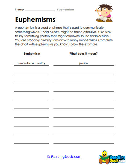 Euphemism Worksheets | Literary Devices | Reading Duck.com