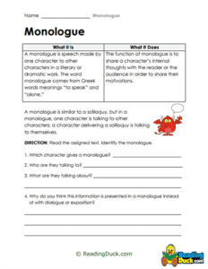 Monologue Worksheets | Reading Duck.com