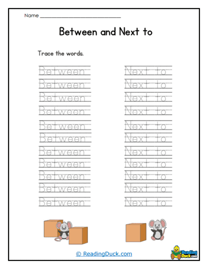 Between and Next To Worksheets | Position Words | Reading Duck.com