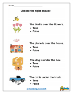 Over or Under Worksheets | Position Words | Reading Duck.com
