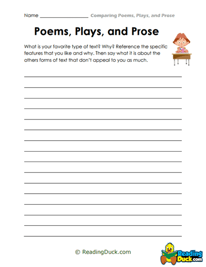 Comparing Poems, Plays, and Prose Worksheets | Reading Duck.com