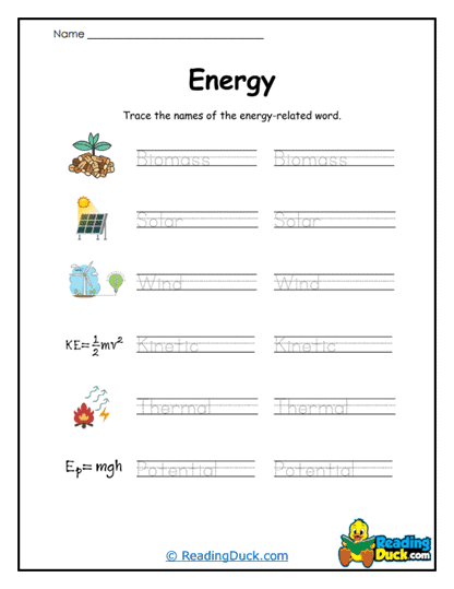 Energy Vocabulary Word Worksheets | Reading Duck.com