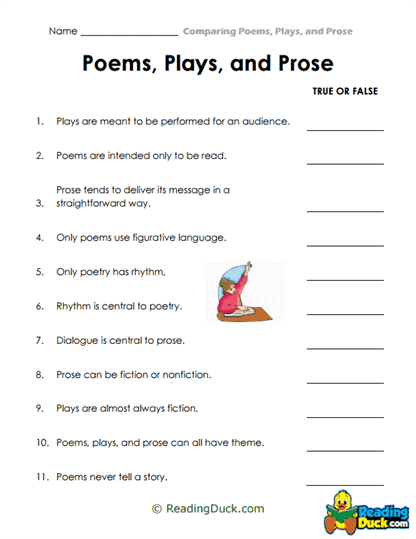 Comparing Poems, Plays, and Prose Worksheets | Reading Duck.com