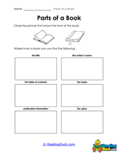 Parts of a Book Worksheets | Print Concept | Reading Duck.com