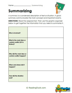 Summarizing Worksheets | Reading Skills | Reading Duck.com