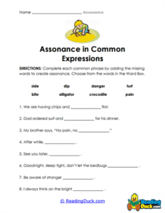 Assonance Worksheets | Language Arts | Reading Duck.com