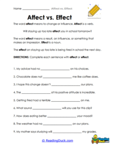 Affect vs Effect Worksheets | Grammar Skills | Reading Duck.com
