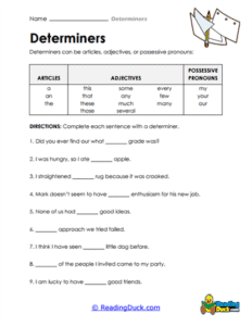 Determiners Worksheets | Grammar Skills | Reading Duck.com