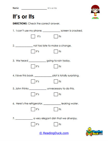 Its or It's Worksheets | Grammar Skills | Reading Duck.com