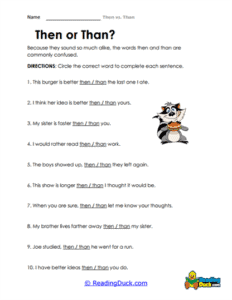 Then vs. Than Worksheets | Grammar Skills | Reading Duck.com