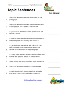 Topic Sentence Worksheets | Writing Series | Reading Duck.com