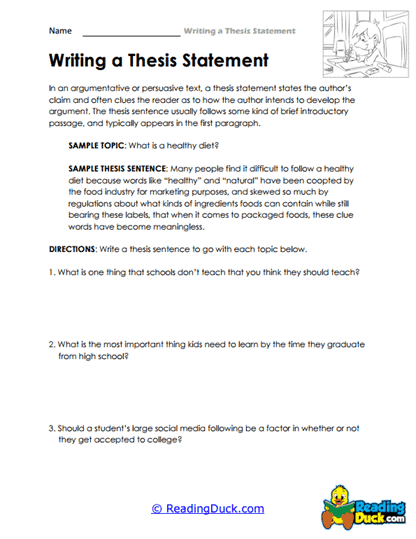 Writing a Thesis Statement Worksheets | Reading Duck.com