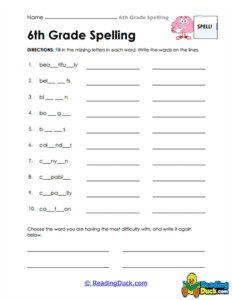 6th Grade Spelling Worksheets | Reading Duck.com
