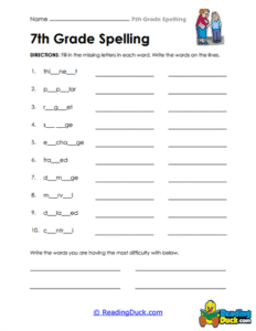 7th Grade Spelling Worksheets | Reading Duck.com