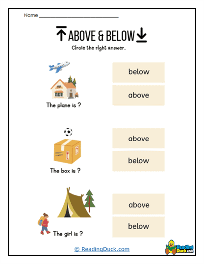 Above or Below Worksheets | Position Words | Reading Duck.com