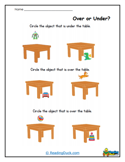 Over or Under Worksheets | Position Words | Reading Duck.com