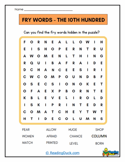 10th 100 Fry Sight Words Worksheets| Reading Duck.com